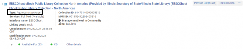 Alma Database Type and EBSCO Packages | CARLI